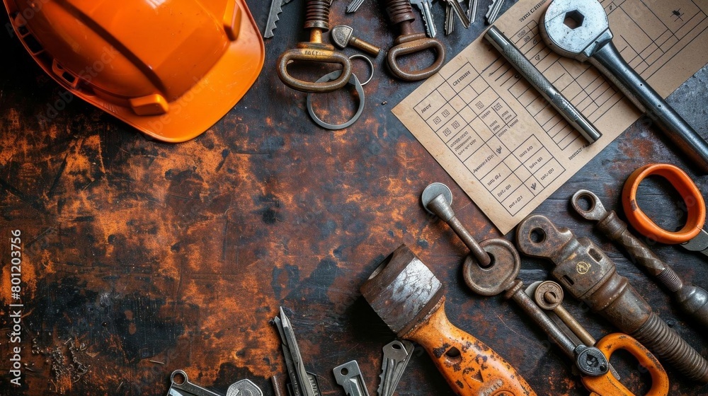 Top view of a heavy machinery key setup with keys, operation manuals ...