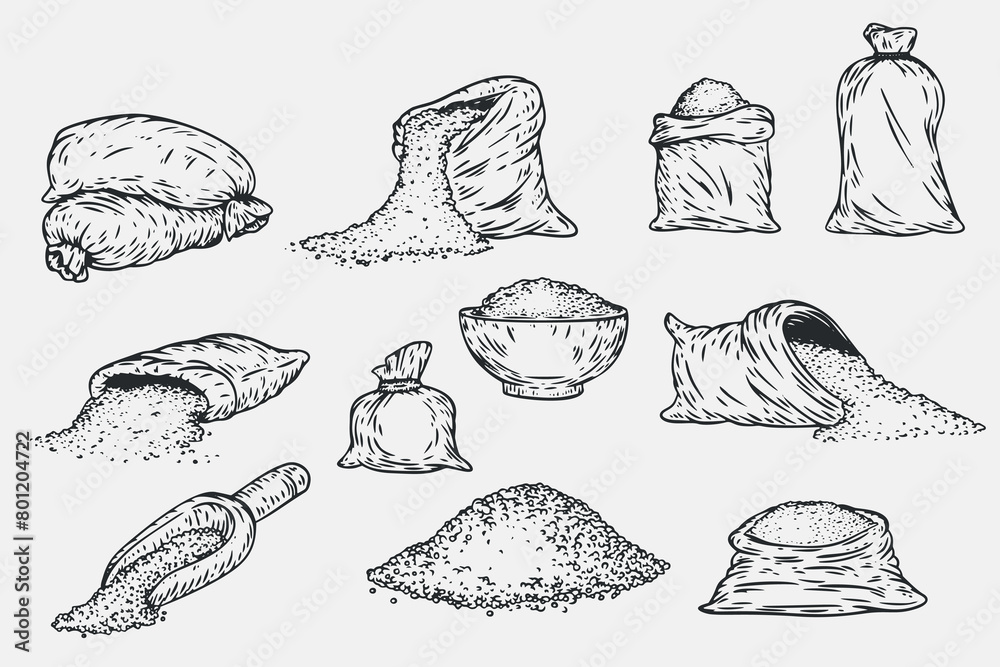 Hand draw open and close full sack, or container, bowl with flour ...