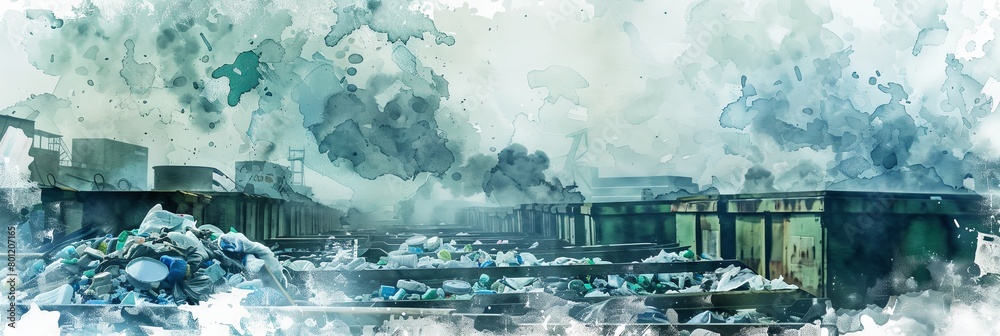 This watercolor painting showcases a busy recycling plant, emphasizing ...