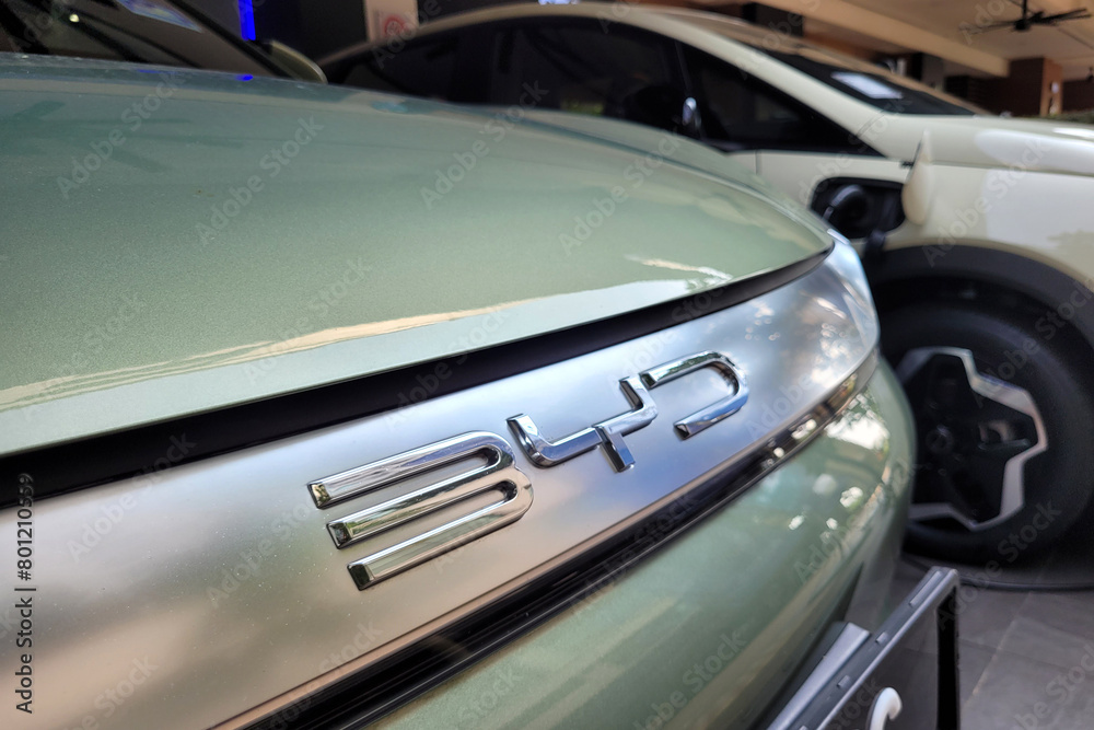 PENANG, MALAYSIA - 30 APR 2024: A close-up of the car logo on a BYD ...