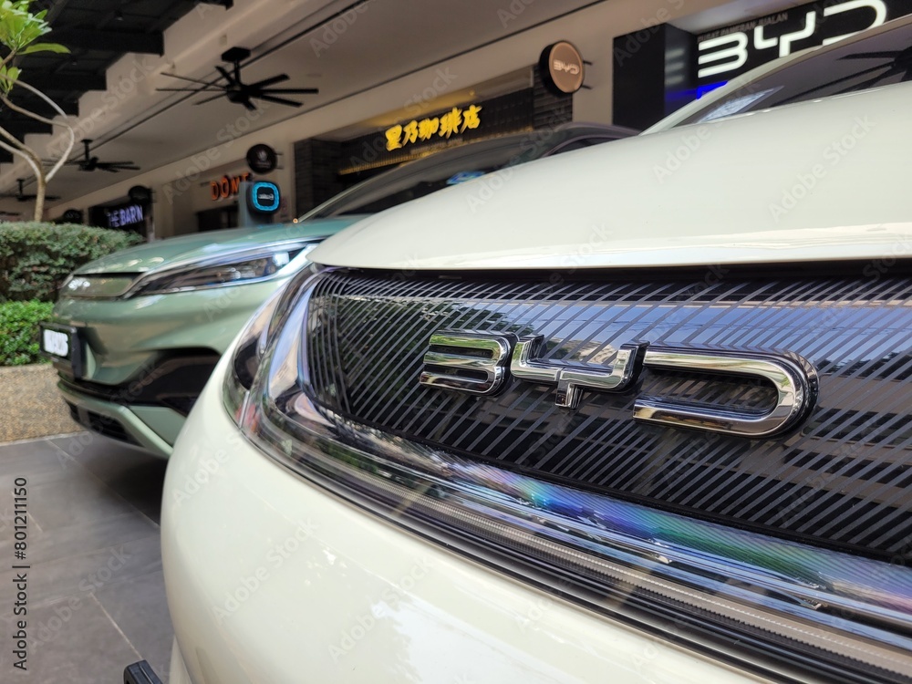 PENANG, MALAYSIA - 30 APR 2024: A close-up of the car logo on a BYD ...