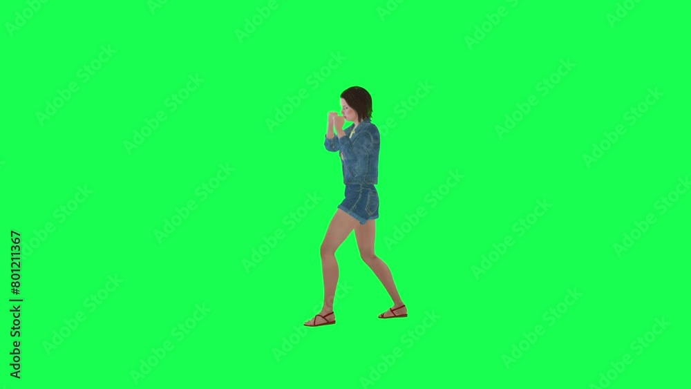 3d animated girl in jeans punching right angle green screen 3d people ...