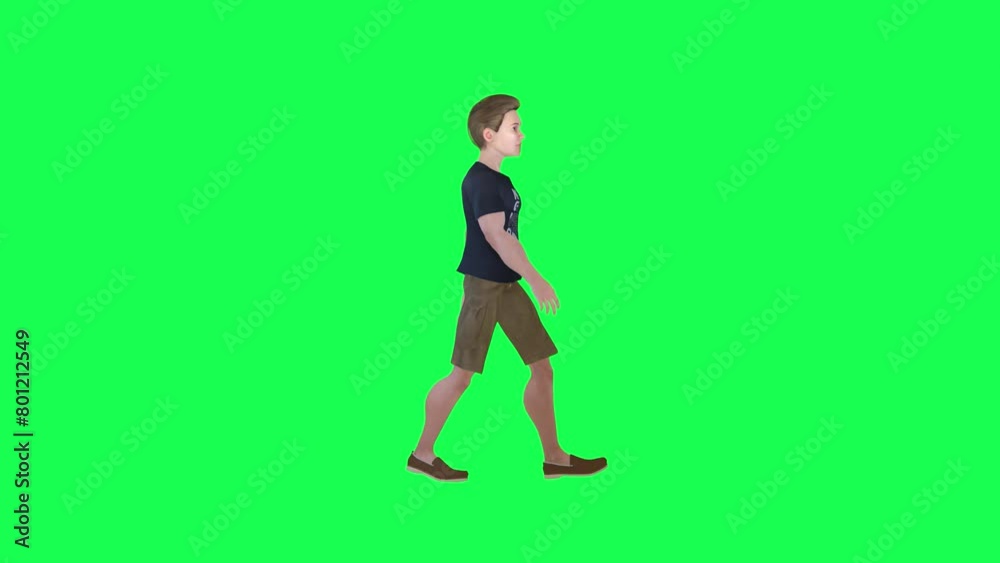 Young cartoon boy walking left angle isolated green screen 3d people ...