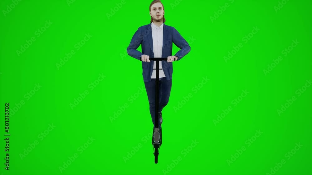 3d green screen European waiter riding scooter on the streets of Europe ...