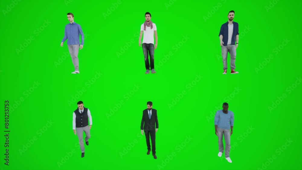 3d green screen six men walking in the park from the front angle 3d ...
