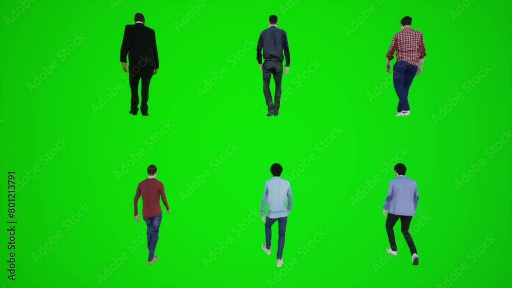 3d green screen six men walking in the field from the back angle 3d ...