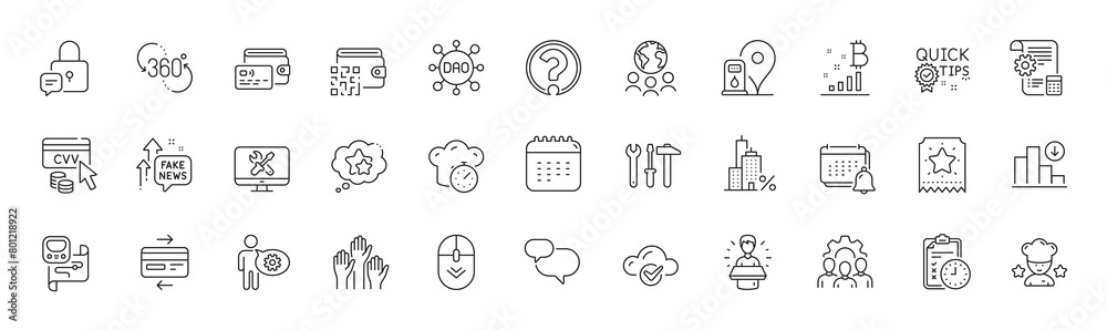 Notification, Decreasing graph and Wallet line icons. Pack of Repair ...