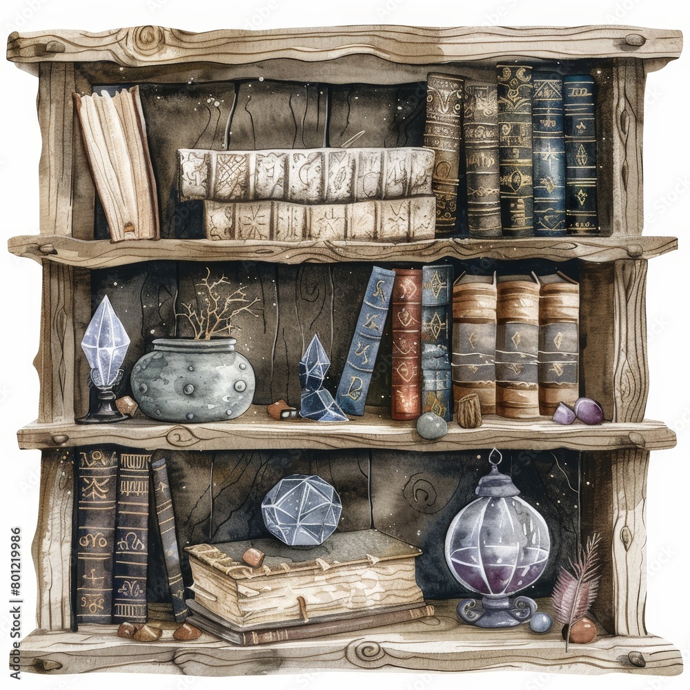 This watercolor illustration depicts a rustic wooden bookshelf filled ...