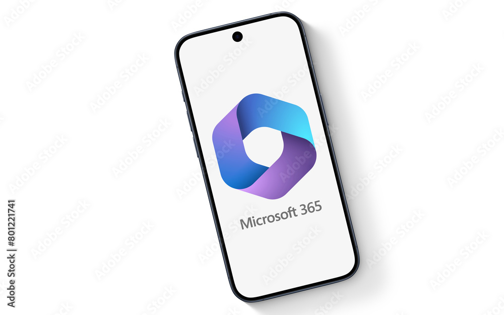 Microsoft 365 Logo is displayed on a smartphone, white underground ...