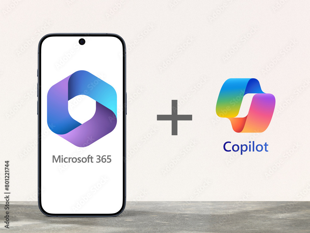 Microsoft 365 Logo is displayed on a modern smartphone standing on a ...