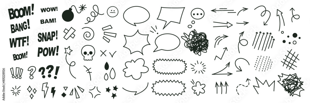 Anime emotion effect set. Doodle hand drawn text bang, boom, pow, wow ...