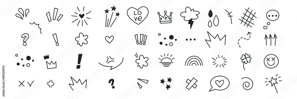 Anime emotion effect set. Doodle hand drawn design elements. Cartoon ...