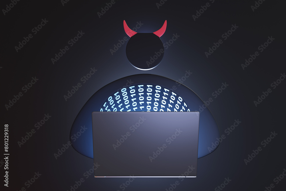 Black silhouette of devil in front of a silver laptop projecting binary ...