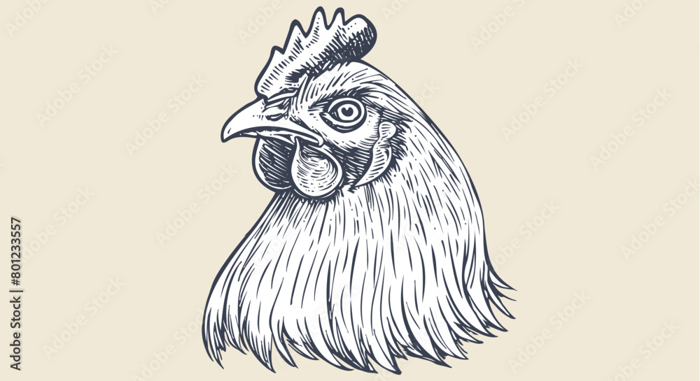 Chicken, hen head. Vintage retro print, chicken sketch ink pencil style ...