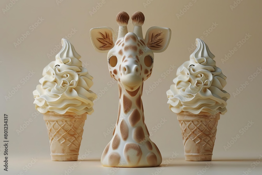 A tall giraffe stands between two ice cream cones. The giraffe is made ...