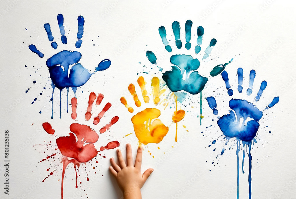 Baby handprint with watercolor on white wall background. Works of child ...