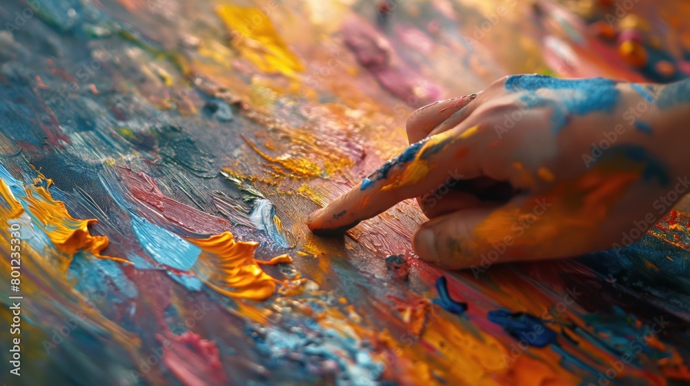 Artistic process with artist hand painting with his hand using oil ...