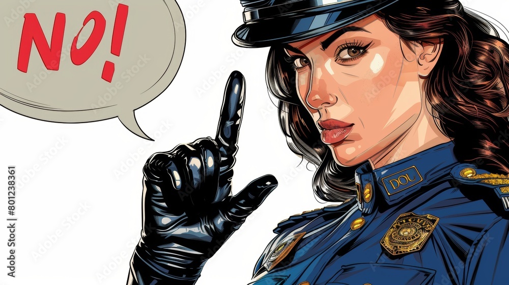 Vector illustration of female police officer with hand gesture. Comic ...