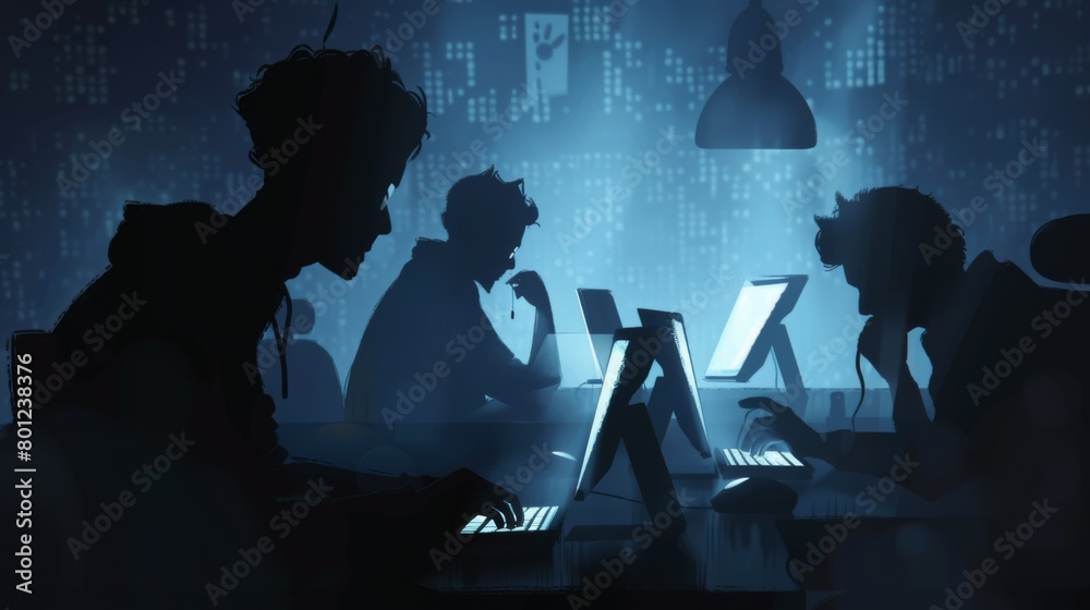 Shadowy silhouettes of cybercriminals at work, representing hackers and ...