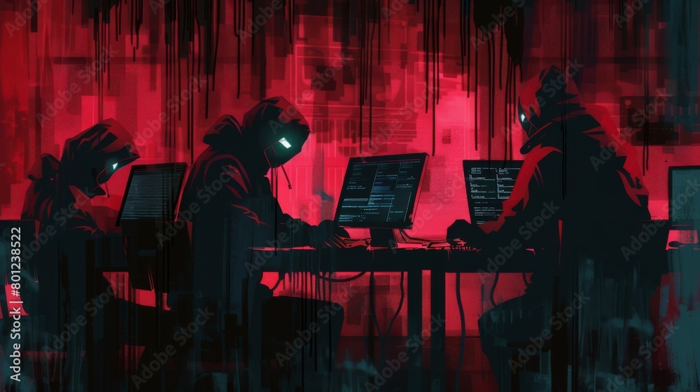 Shadowy silhouettes of cybercriminals at work, representing hackers and ...