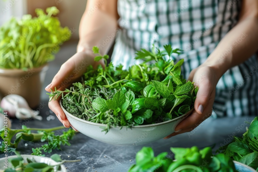 Cooking With Herbs. Woman Cooking Healthy Food with Fresh Green ...
