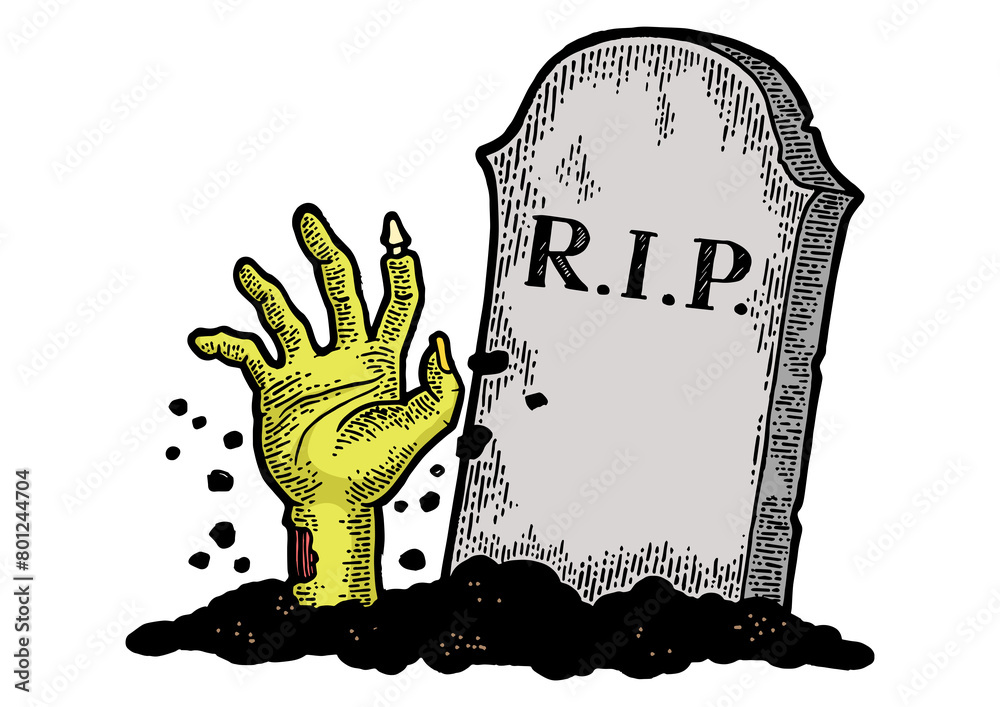 Zombie Dead man hand crawls out of grave color sketch engraving PNG ...