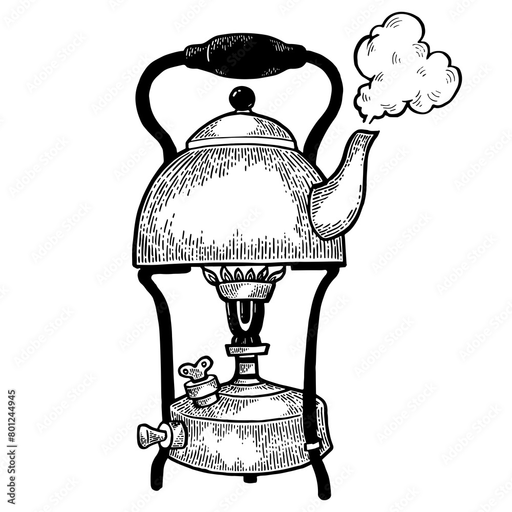 Old boiling kettle pot on primus stove sketch engraving PNG ...