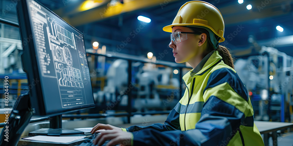 Female engineer using CAD software for 3D machine design in industrial ...