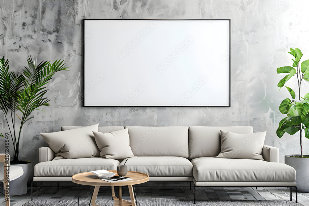 Horizontal large frame for wall art mockups. Modern living room with ...