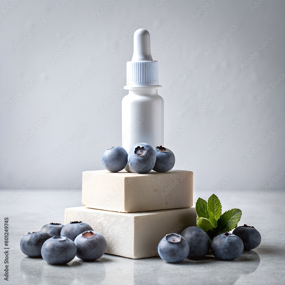 Product photography of eye drops in a minimalist setting with blueberry ...