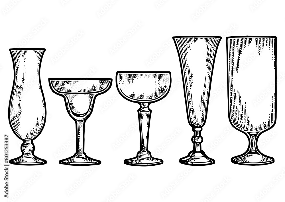 Cocktail glasses set sketch engraving PNG illustration. Scratch board ...