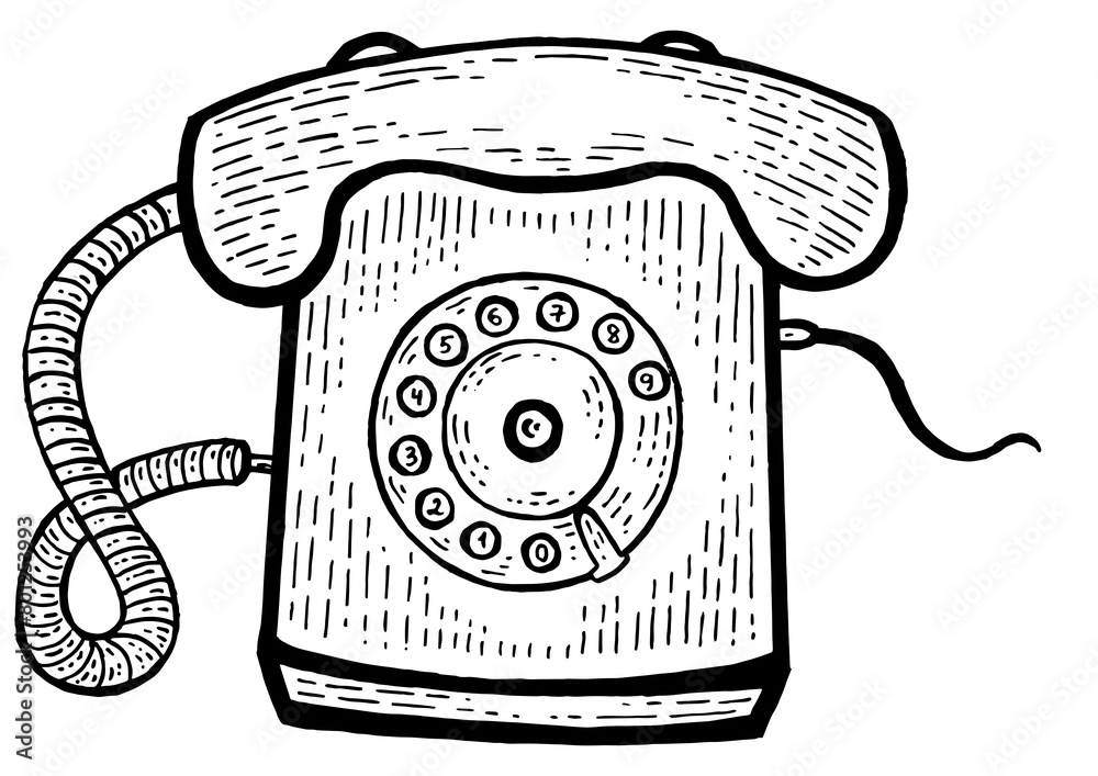 Old rotary dial phone sketch engraving PNG illustration. Scratch board ...