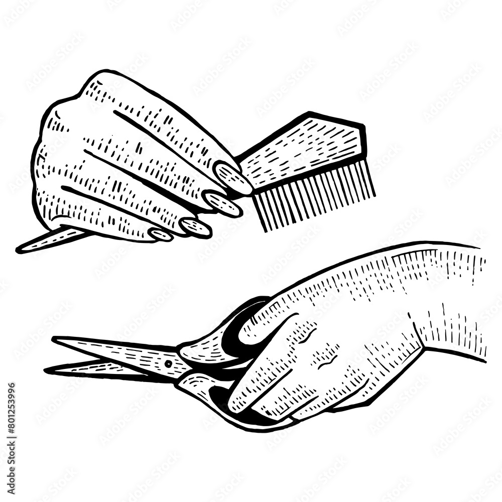 Hairdresser barber hands with scissors and comb tools sketch engraving ...