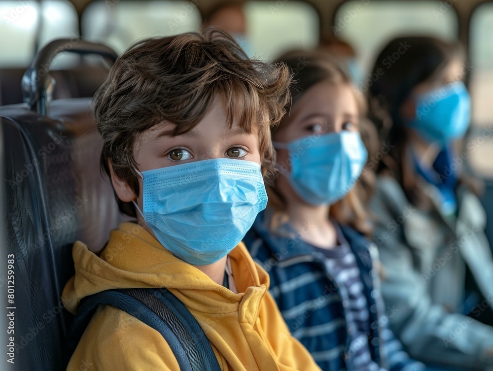 School children wearing facial masks on a bus during the COVID-19 ...