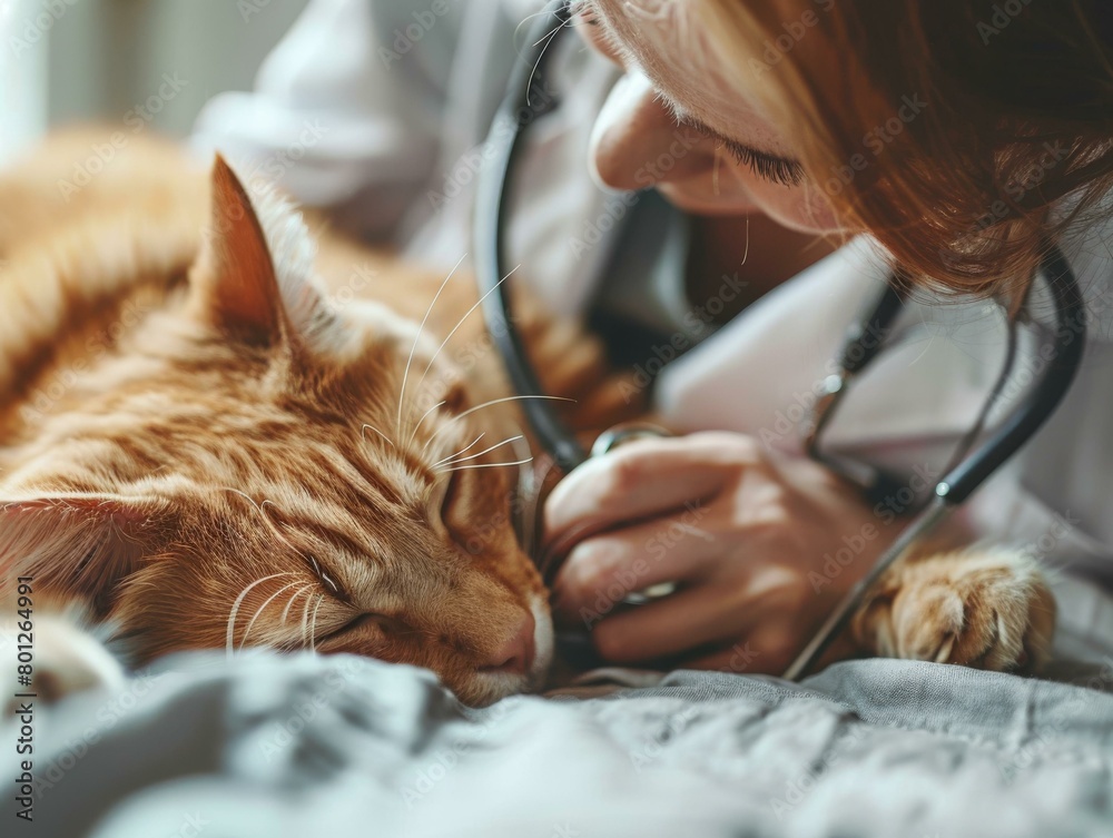 red cat lying on the bed with a stethoscope around its neck being ...