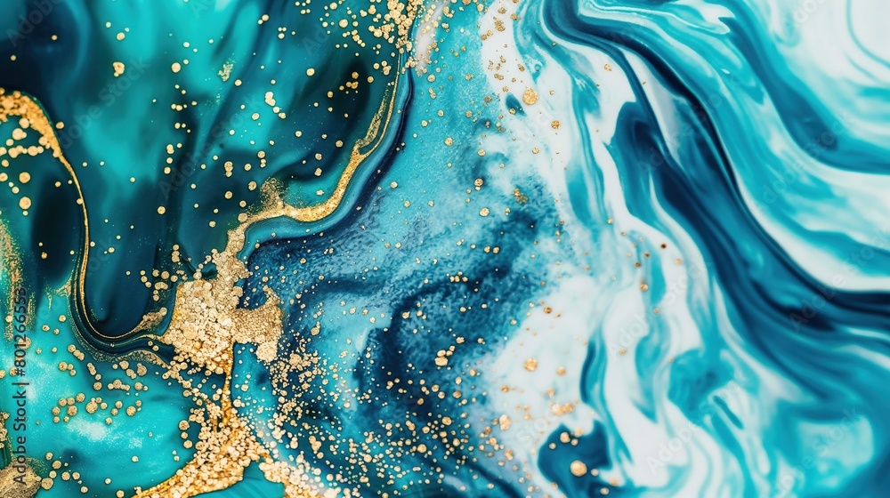 Epoxy resin texture background with turquoise, cyan and gold colors, a ...