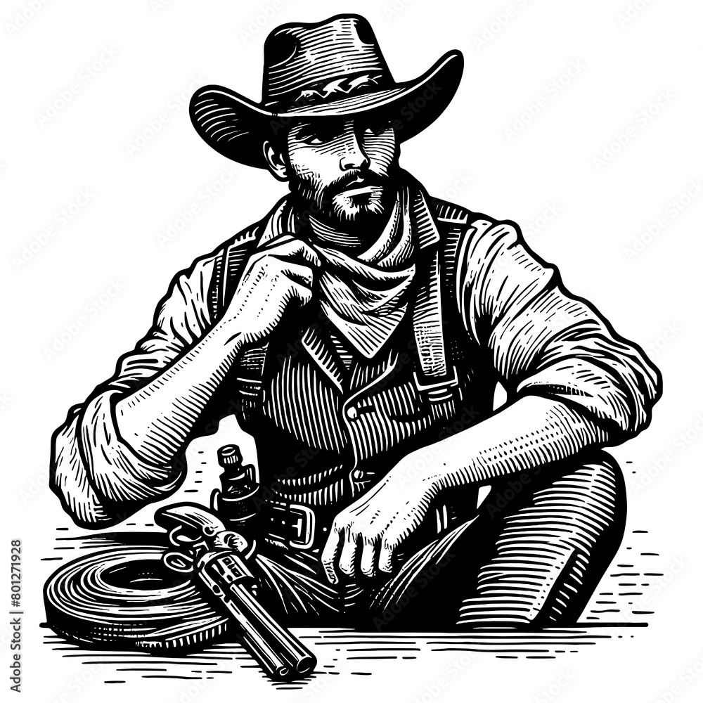 rugged cowboy sitting with a revolver, capturing the essence of the ...
