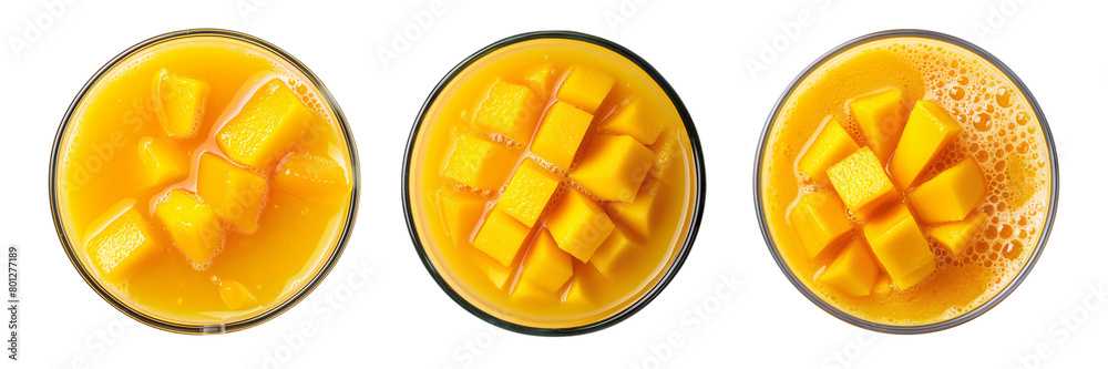 a glass of mango juice with ripe mango cubes top view collection ...