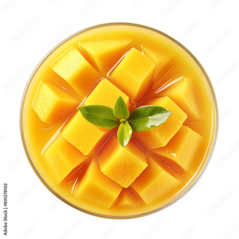 a glass of mango juice with ripe mango cubes top view isolated on a ...
