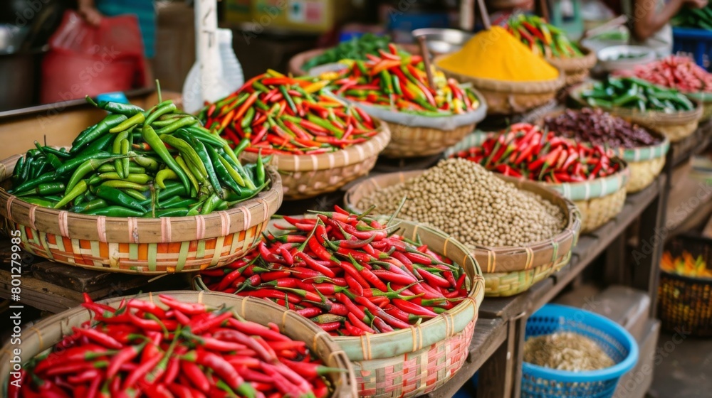 A market stall displaying various types of Thai chili peppers and ...