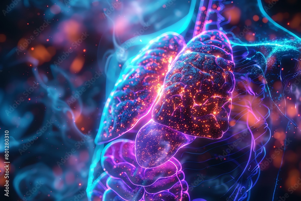 3D illustration of the human respiratory system with glowing blue and ...