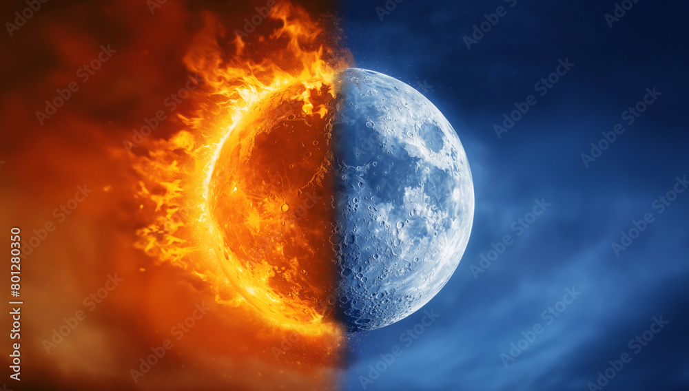 Sun and moon. Contrasting elements concept art. Good and evil. yin and ...