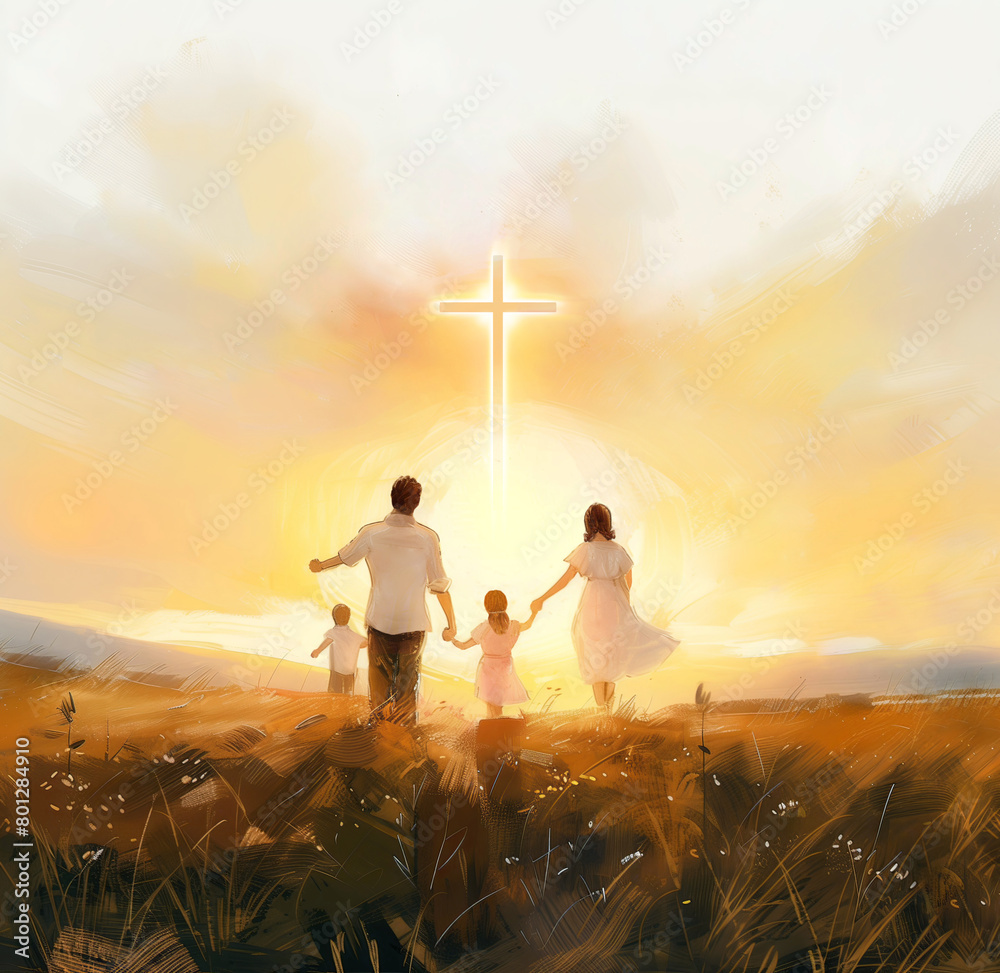 Illustration of a happy Christian family running towards the cross of ...