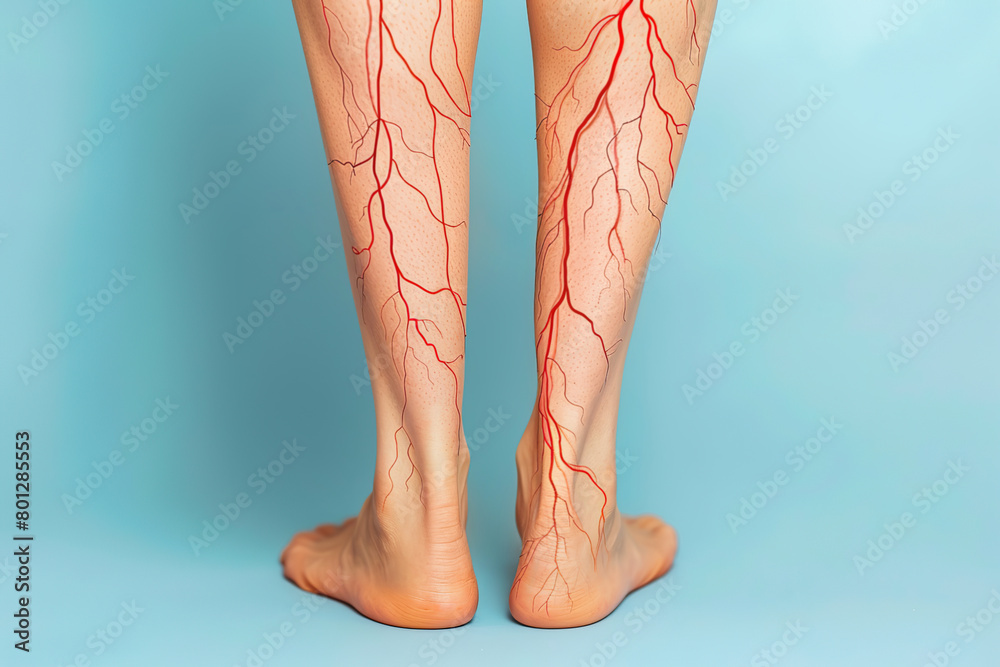 Patient with sign of varicose veins symptoms on a legs. Blue background ...