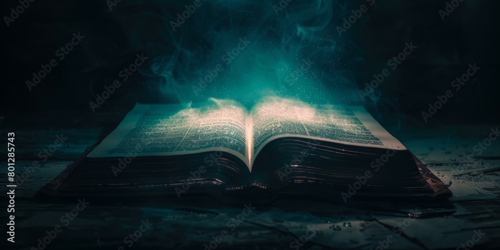 Glowing Book of Magic Spells with Green Light and Smoke Stock ...