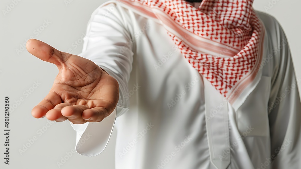 Arabic man wearing a Saudi bisht and traditional white shirt, hand ...