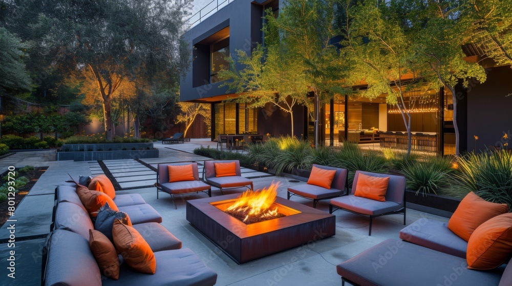 Contemporary fire pit as the centerpiece of a cozy outdoor living area ...
