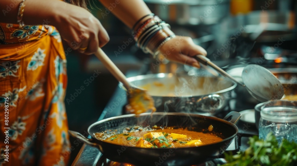 A woman cooking paneer curry in a traditional Indian kitchen, stirring ...