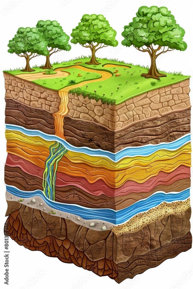 Detailed 3d cross section of land and river soil, rock layers, water ...