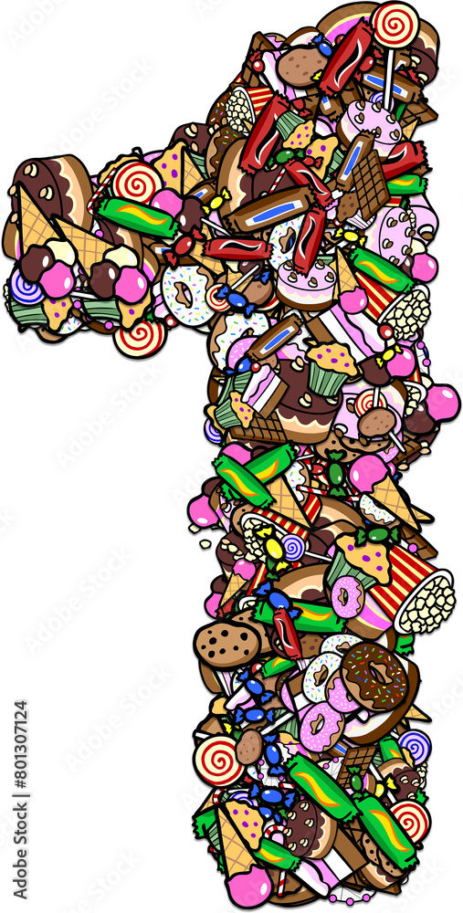 Ziffer 1 zusammengesetzt aus vielen bunten Süßigkeiten Stock ...